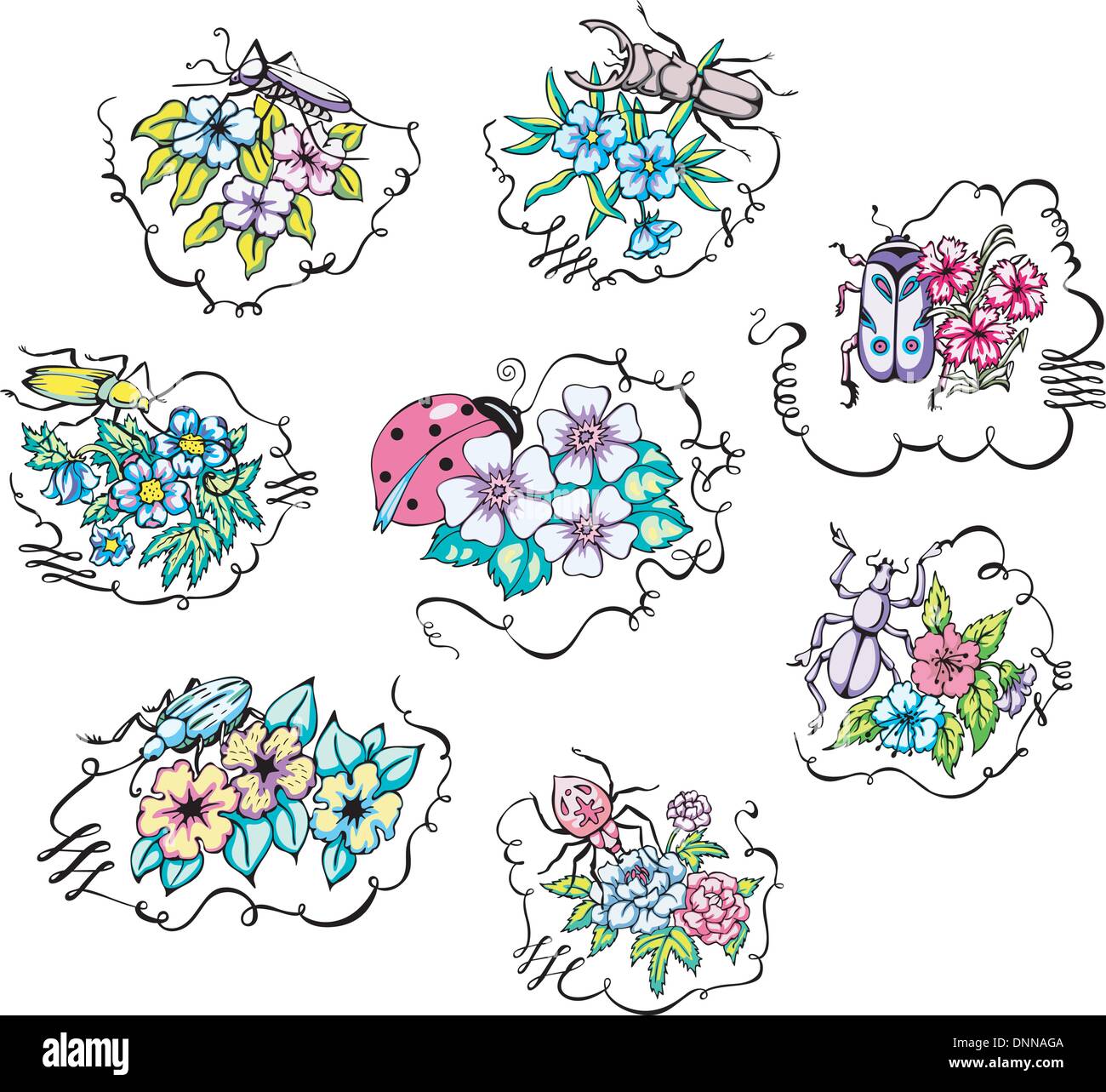 Bugs on flowers. Set of color vector illustrations Stock Vector Image ...