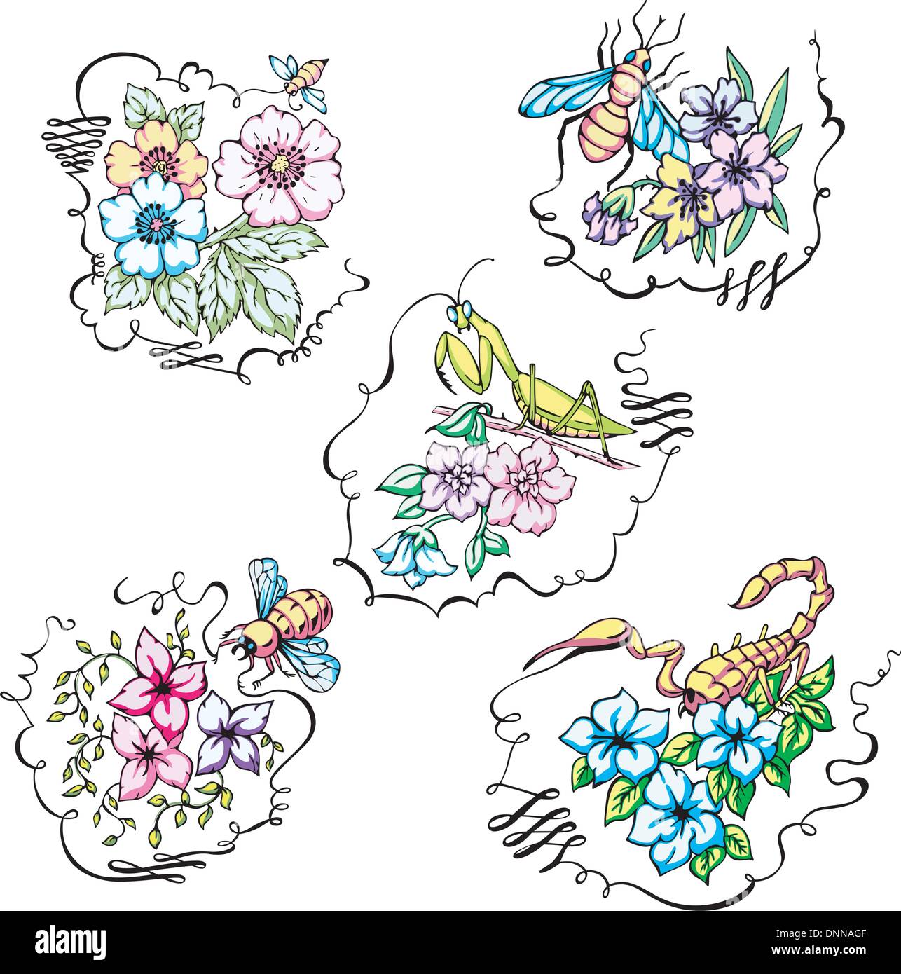 Insects on flowers. Set of color vector illustrations Stock Vector ...