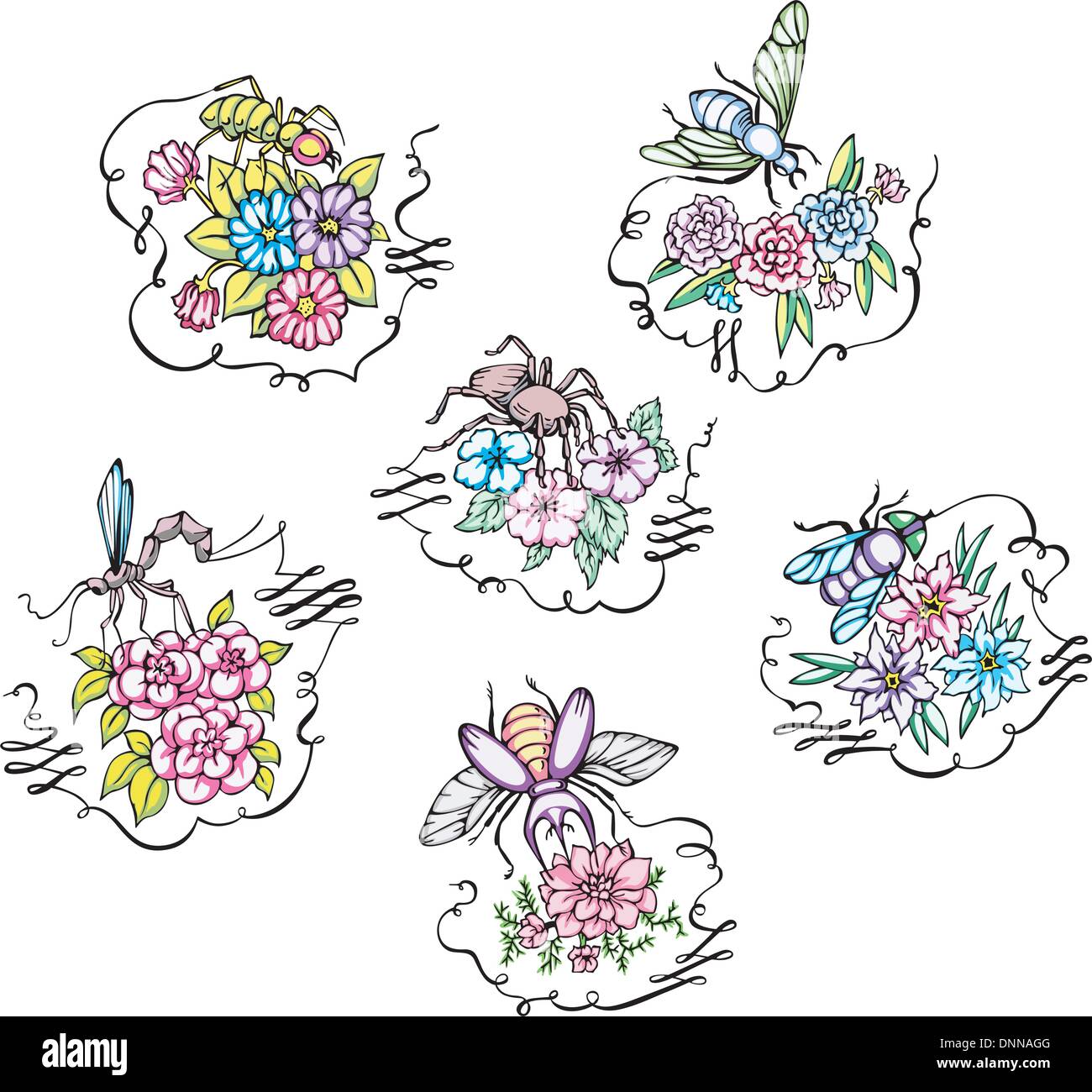 Insects on flowers. Set of color vector illustrations Stock Vector ...
