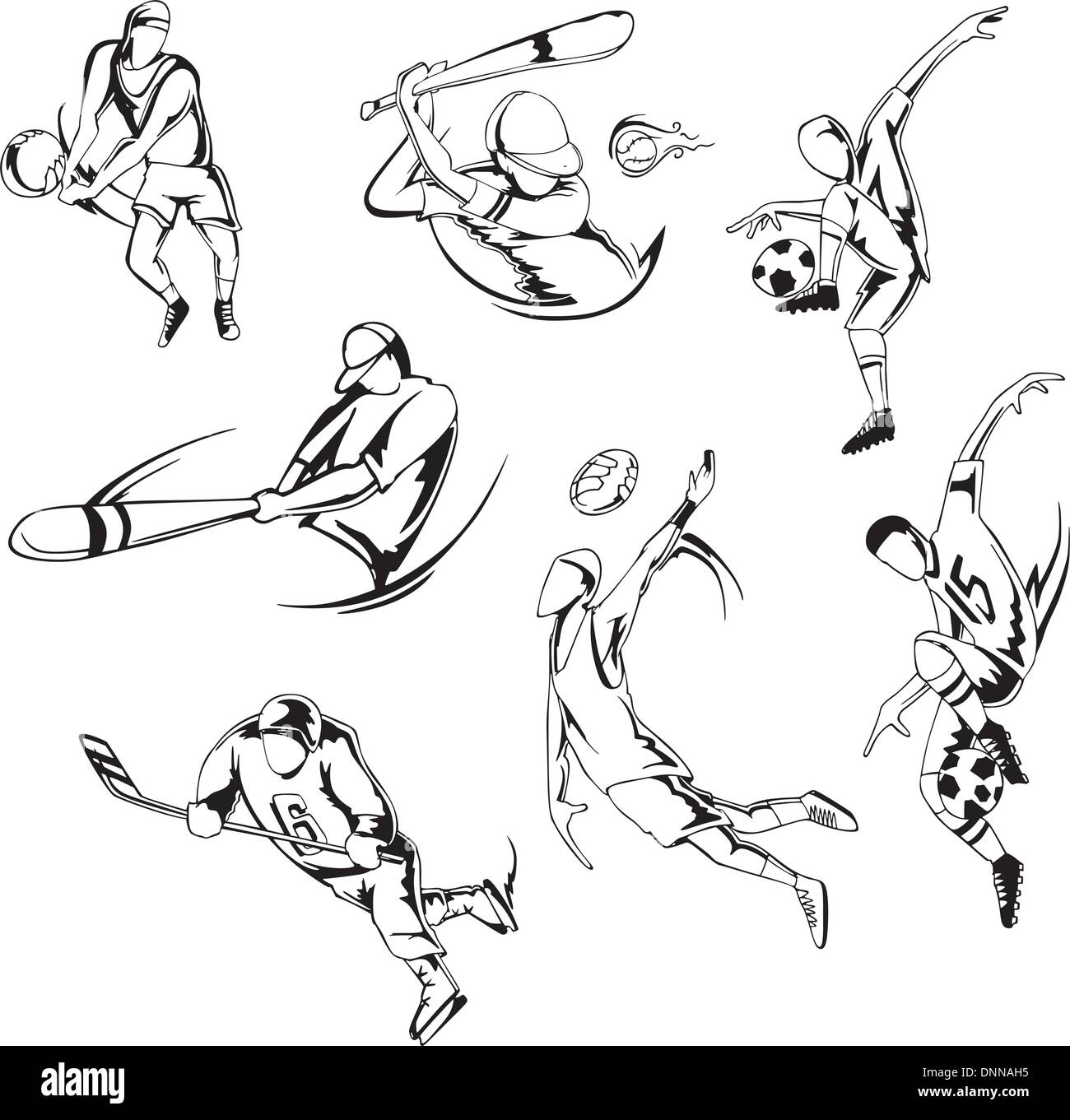 Team sports. Set of black and white vector illustrations Stock Vector ...
