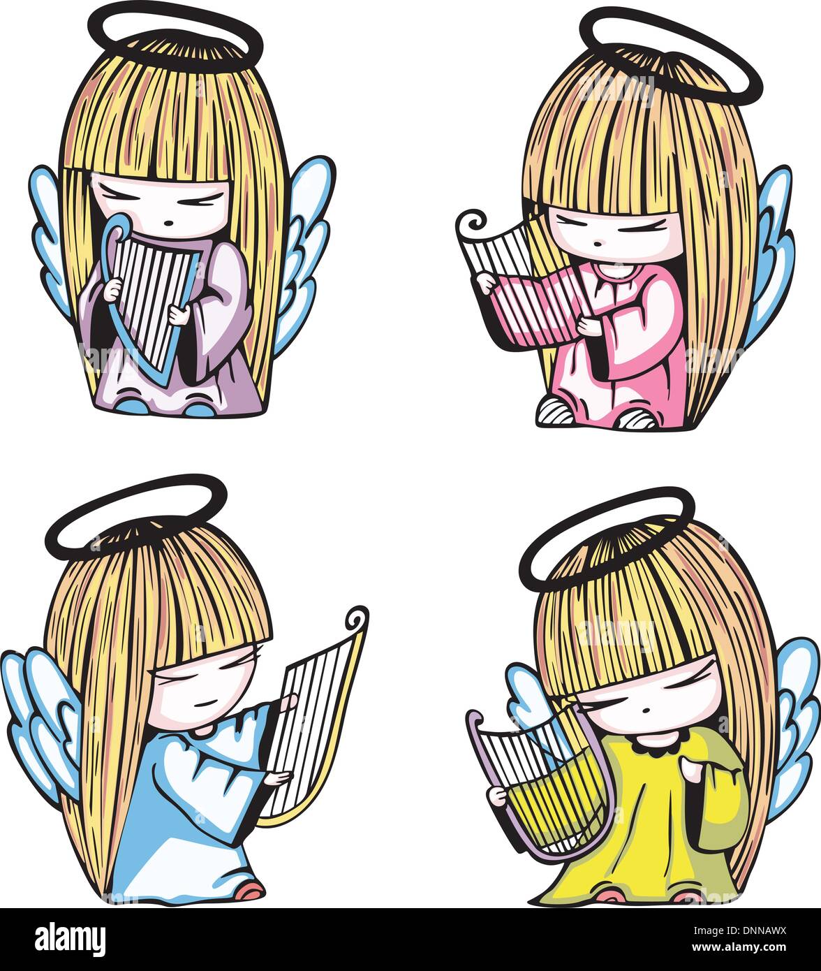Little angel girls with harp. Set of color vector illustrations Stock ...