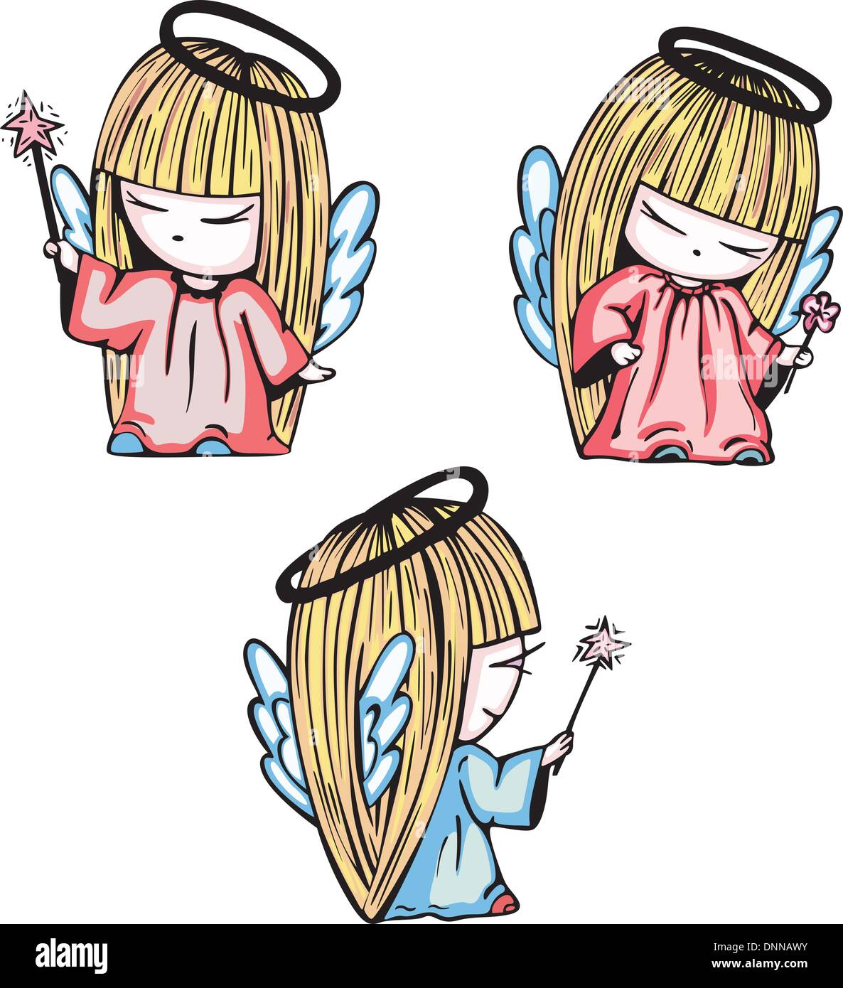 Little angel girls with magic stick. Set of color vector illustrations ...