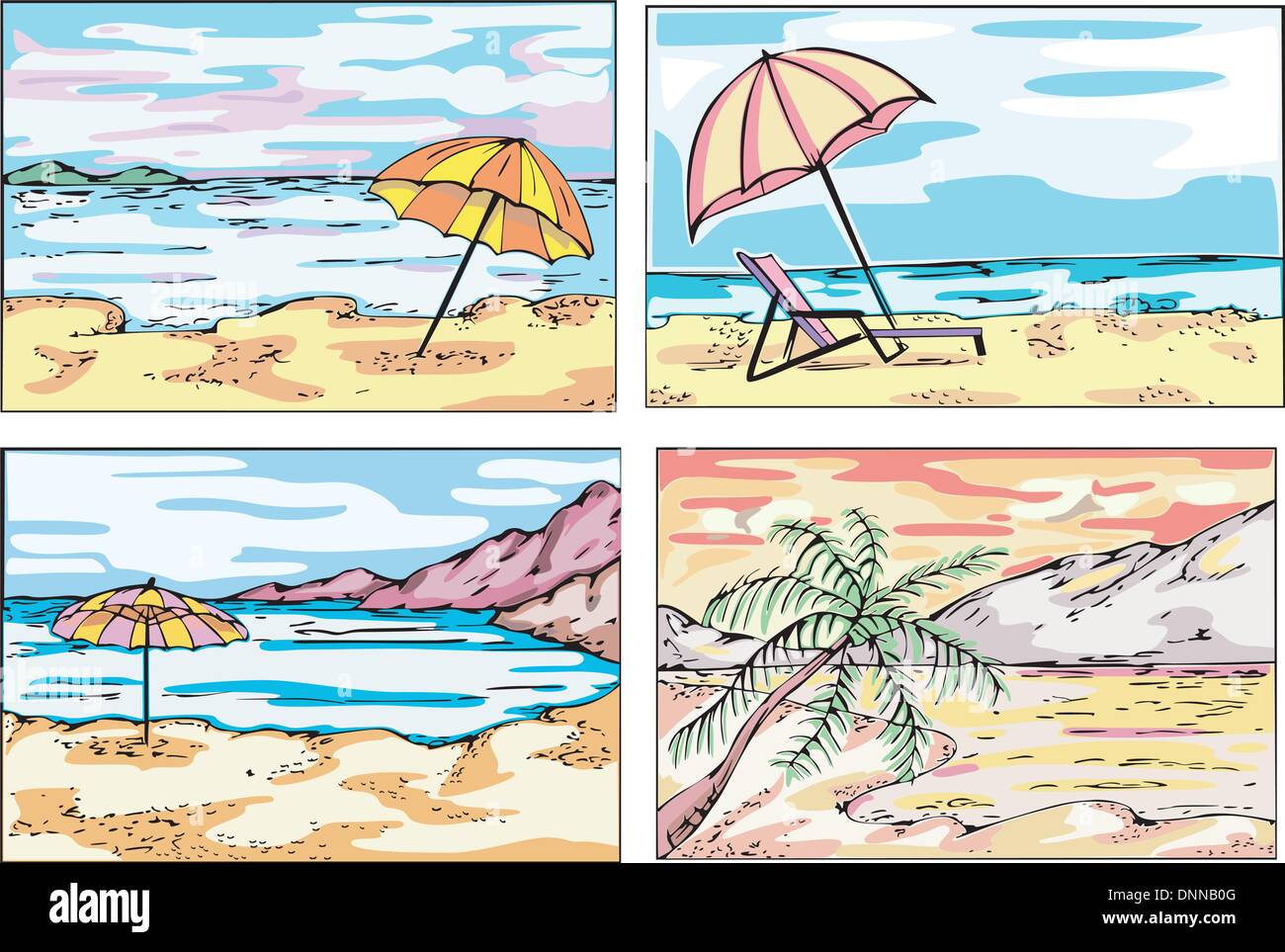 Sunny beach sketches. Set of vector illustrations Stock Vector Image ...