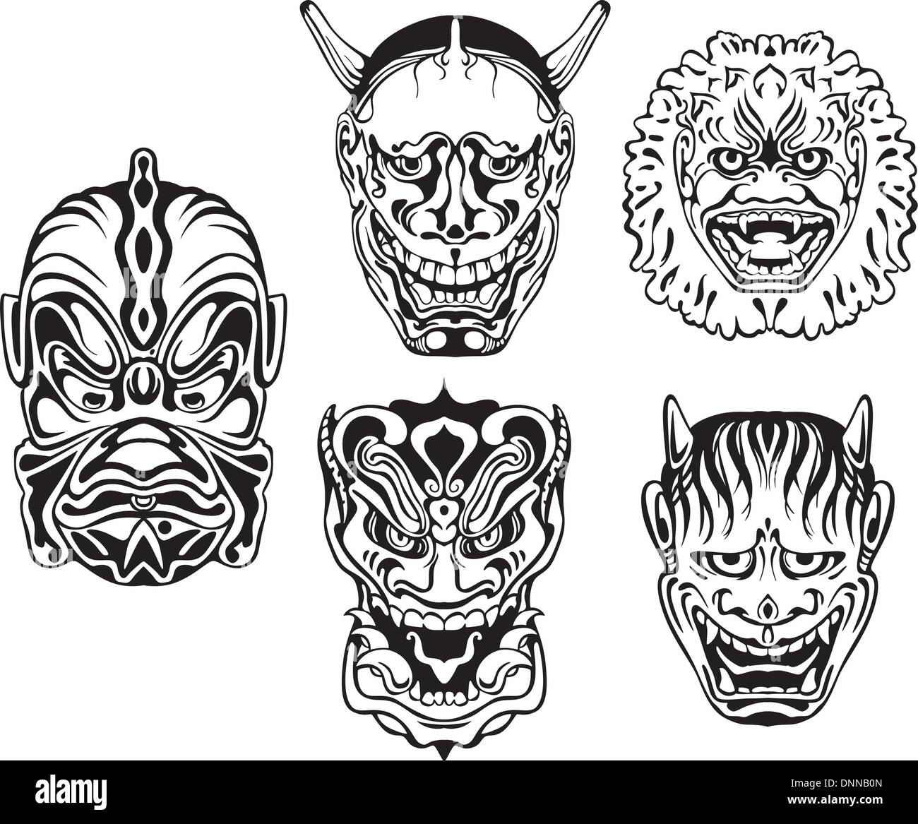 Japanese Demonic Noh Theatrical Masks. Set of black and white vector ...