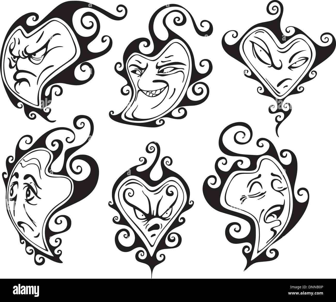 Heart shaped faces. Set of black and white vector illustrations in ...