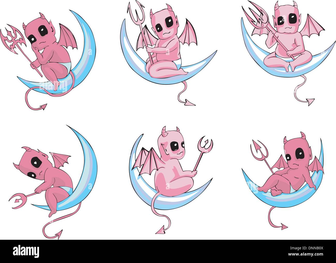 Little devils on moon. Set of color vector illustrations in cartoon ...