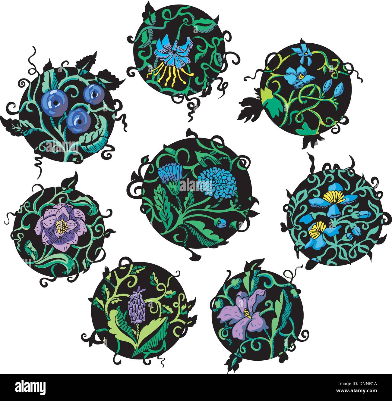 Round blue flower designs. Set of color vector illustrations Stock ...
