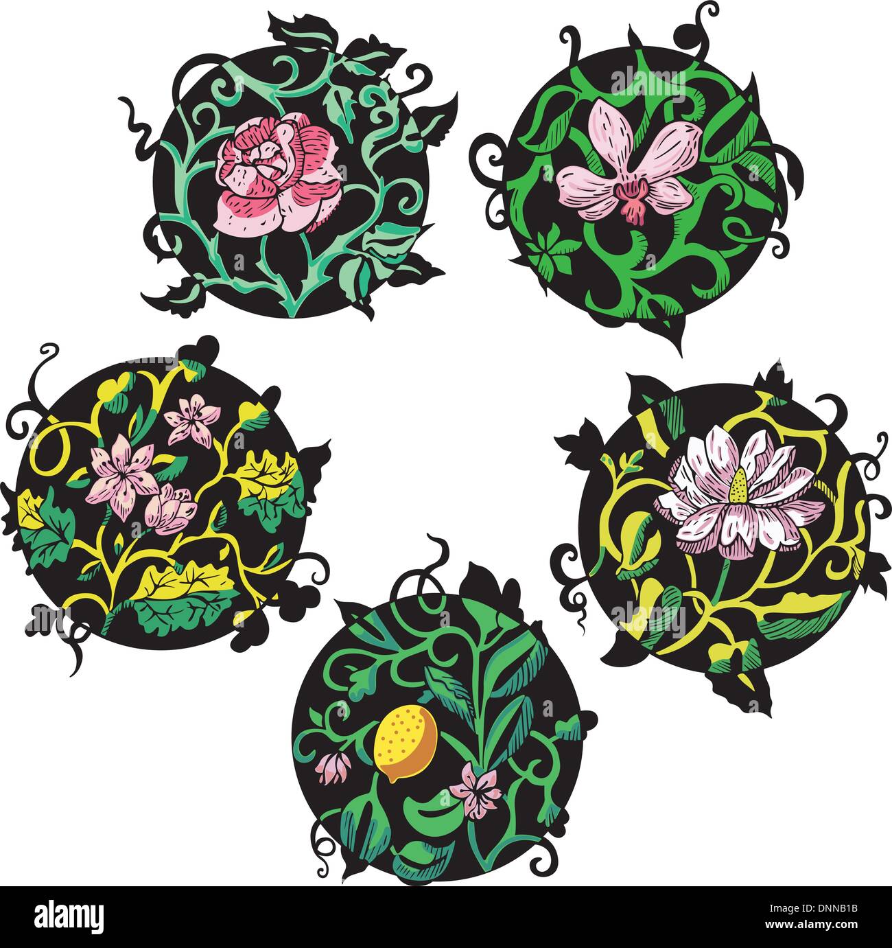 Round pink flower designs. Set of color vector illustrations Stock ...