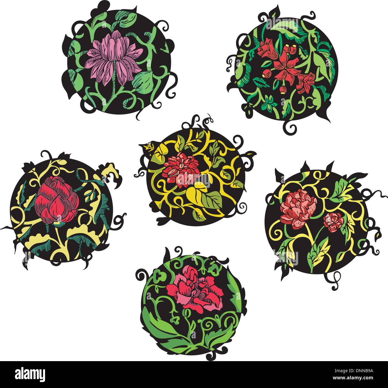 Round red flower designs. Set of color vector illustrations Stock ...