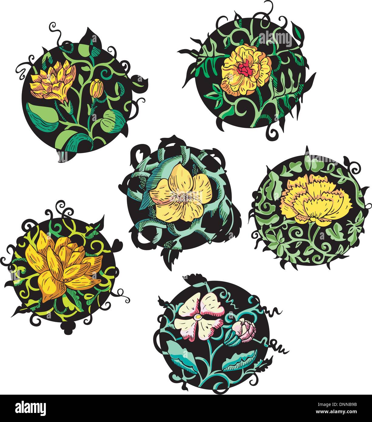 Round yellow flower designs. Set of color vector illustrations Stock ...