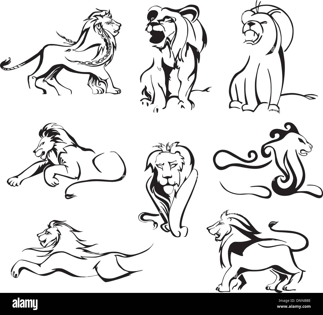 Stylized lions. Set of black and white vector illustrations Stock ...