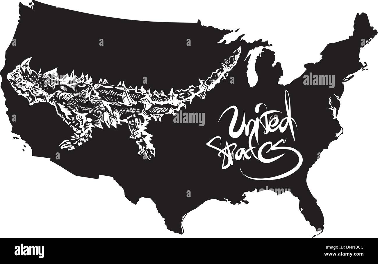 Horned lizard and U.S. outline map. Black and white vector illustration ...