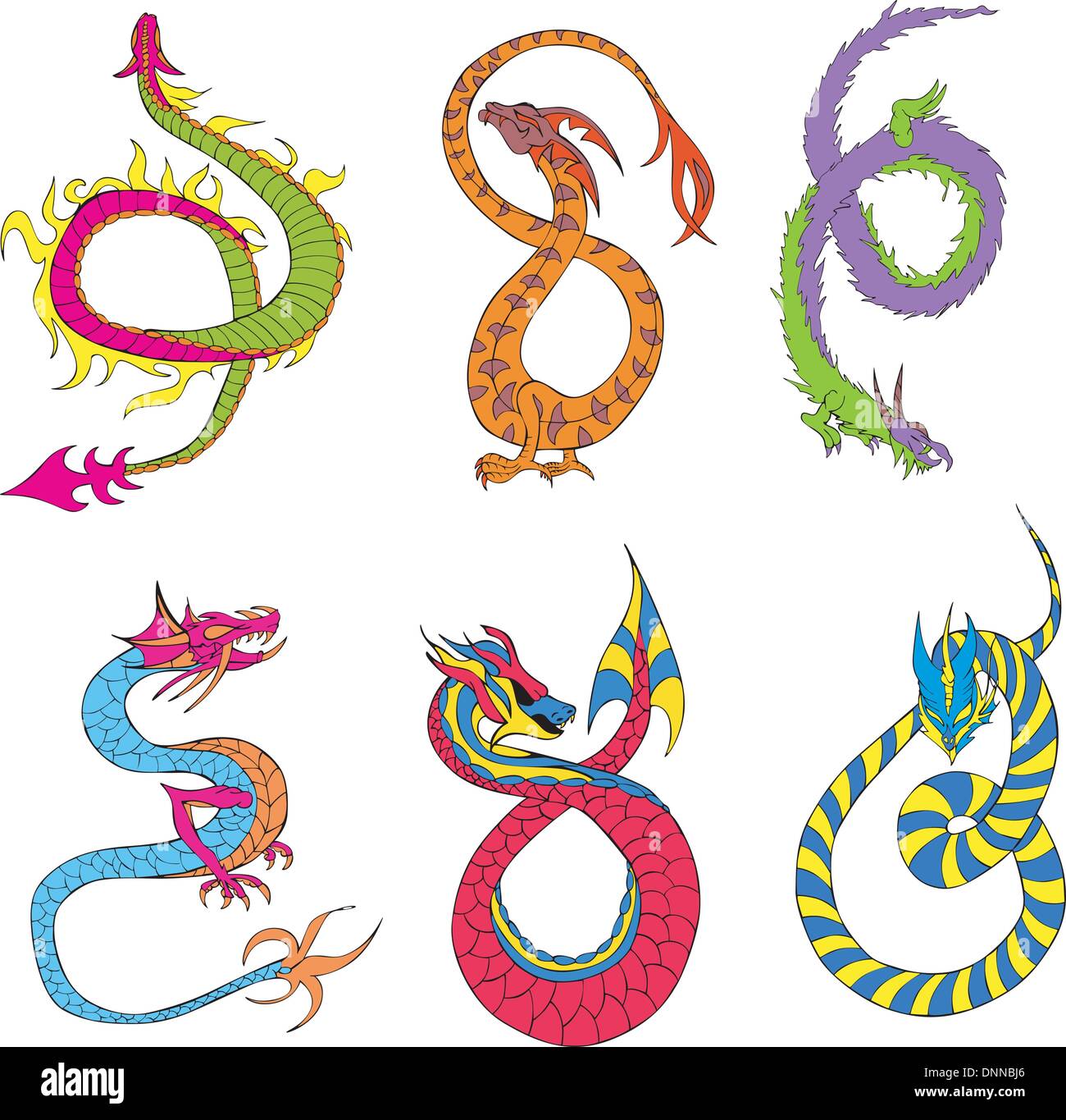 Long japanese dragon worms. Set of color vector illustrations Stock ...