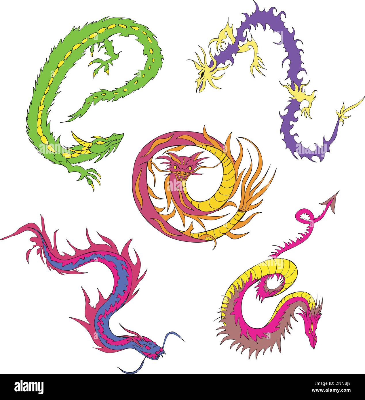 Long japanese dragon worms. Set of color vector illustrations Stock ...