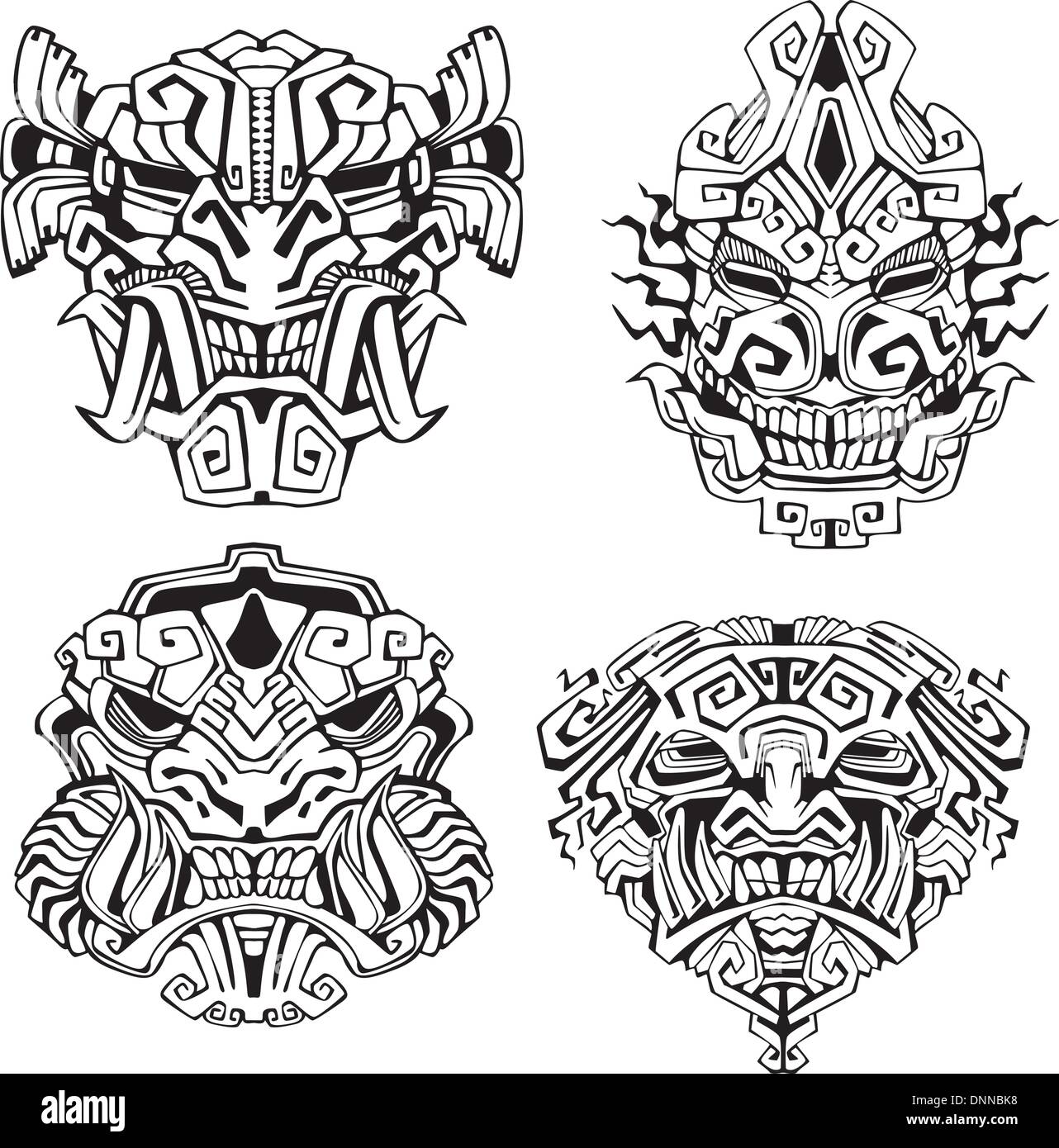 Aztec monster totem masks. Set of black and white vector illustrations ...