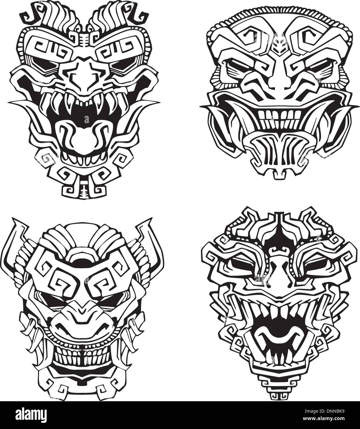 Aztec monster totem masks. Set of black and white vector illustrations ...