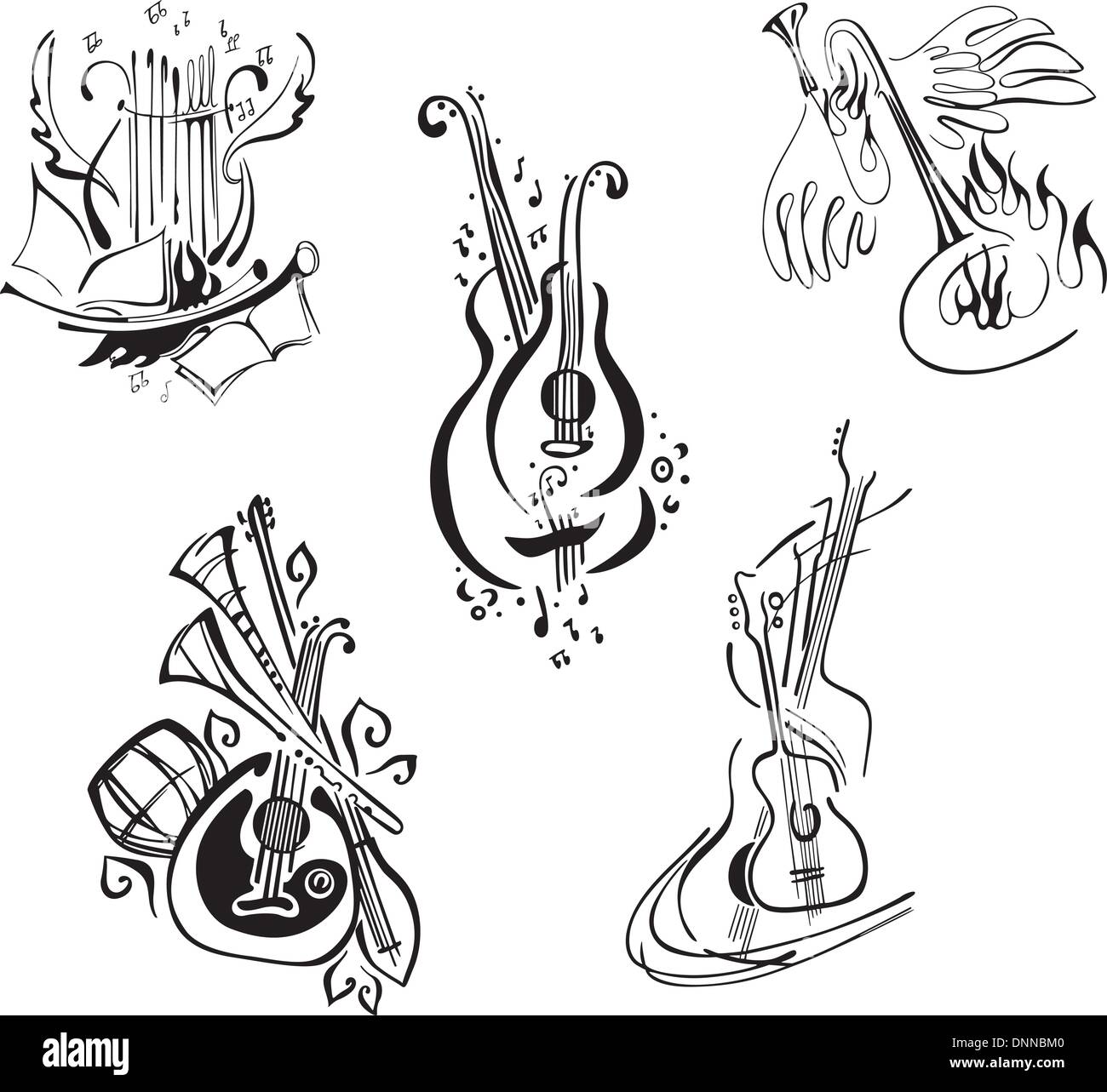 Stylized musical instruments. Set of black and white vector musical ...