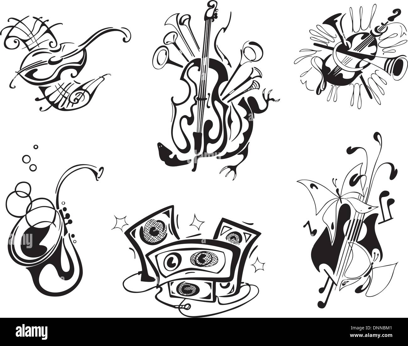 Stylized musical instruments. Set of black and white vector musical ...