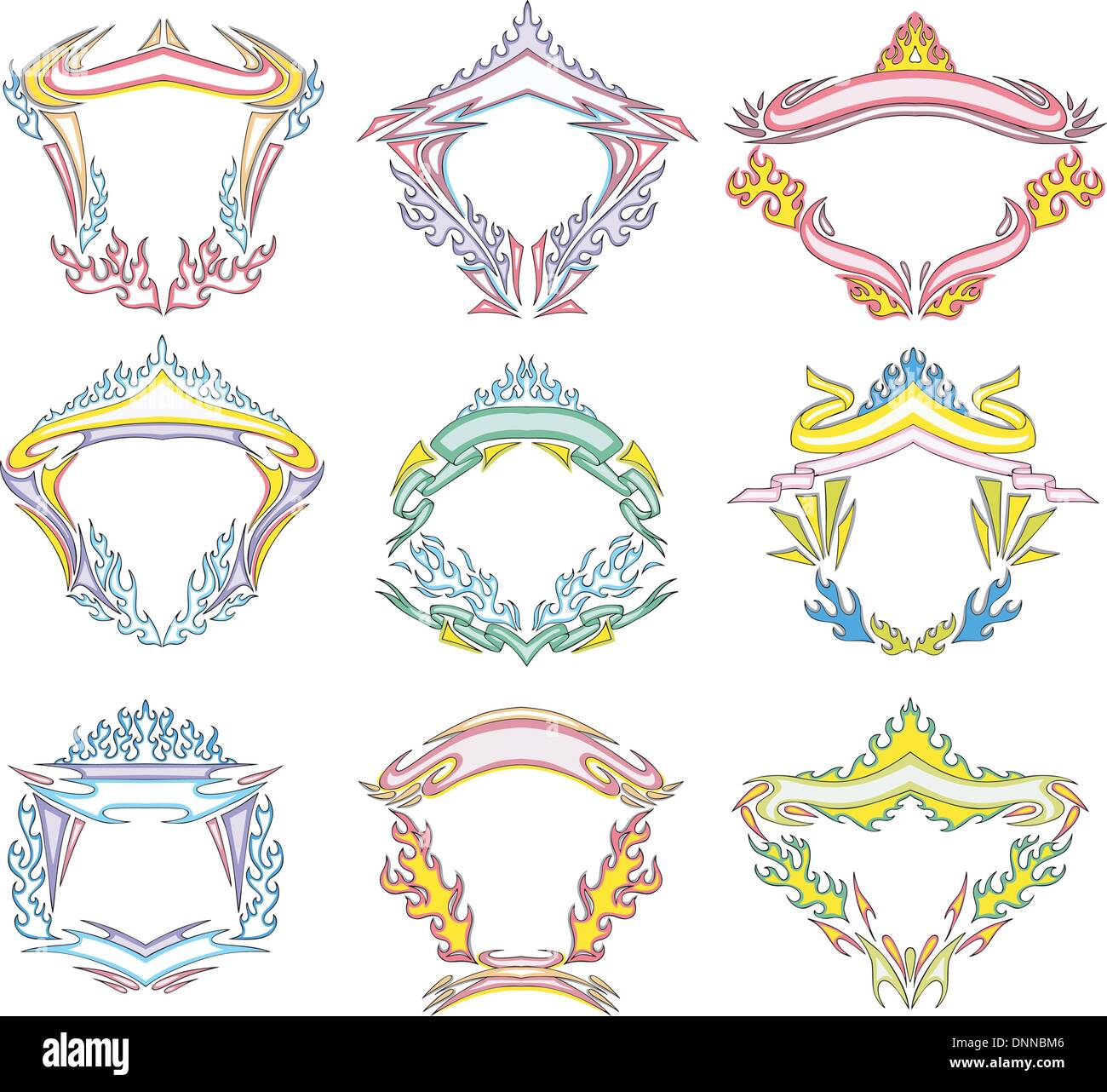Decorative tribal frames of flames like wreaths with ribbons. Set of ...