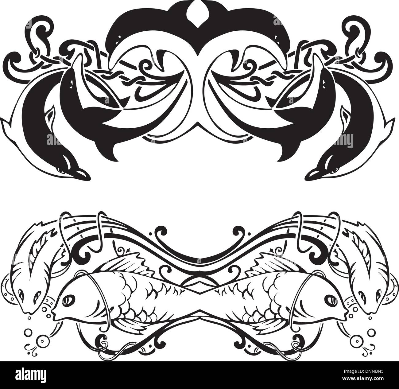 Stylized symmetric vignettes with dolphins and fish. Vector ...