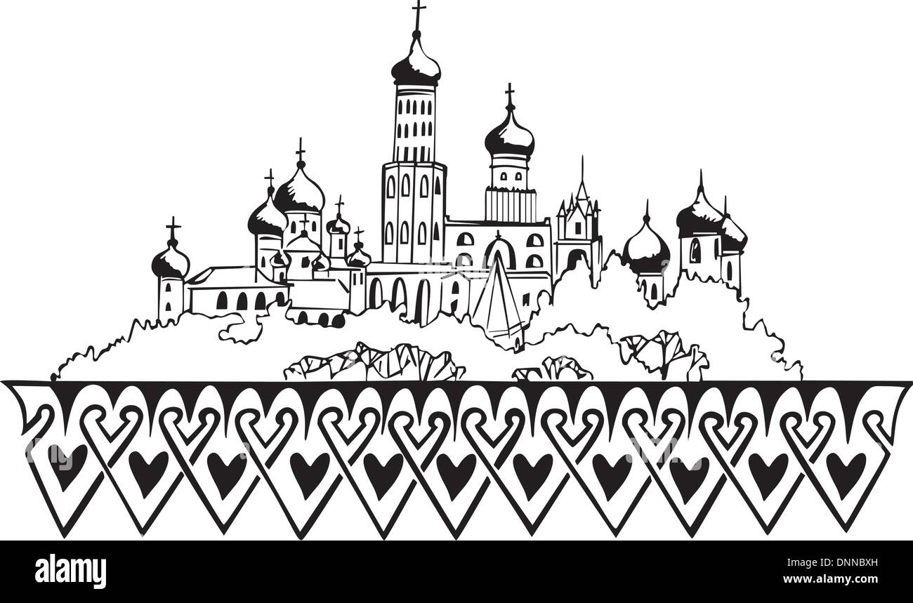 Stylized Moscow Kremlin sketch (Russia). Black and white vector ...