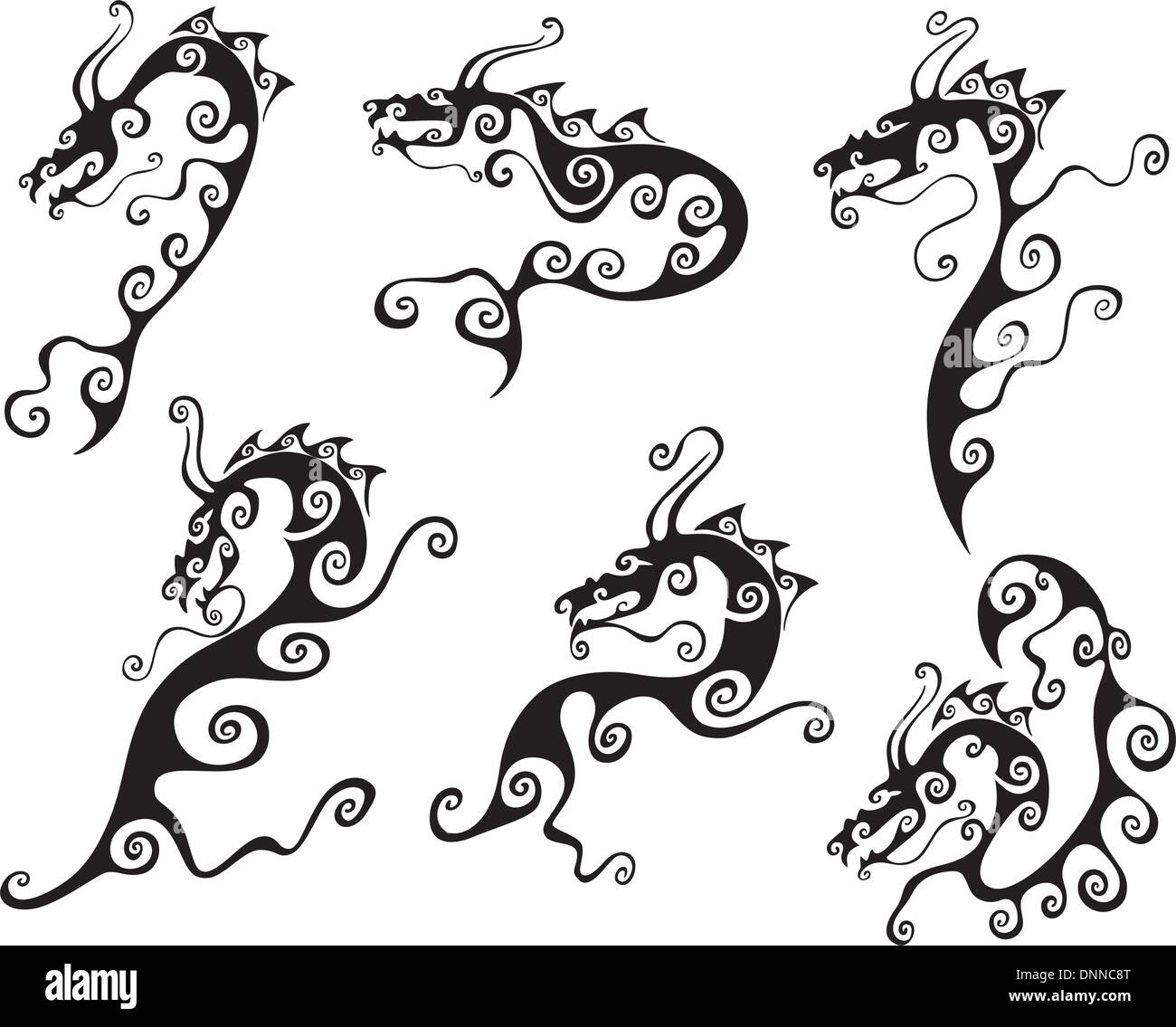 Stylistic dragon tattoos. Set of black and white vector illustrations ...