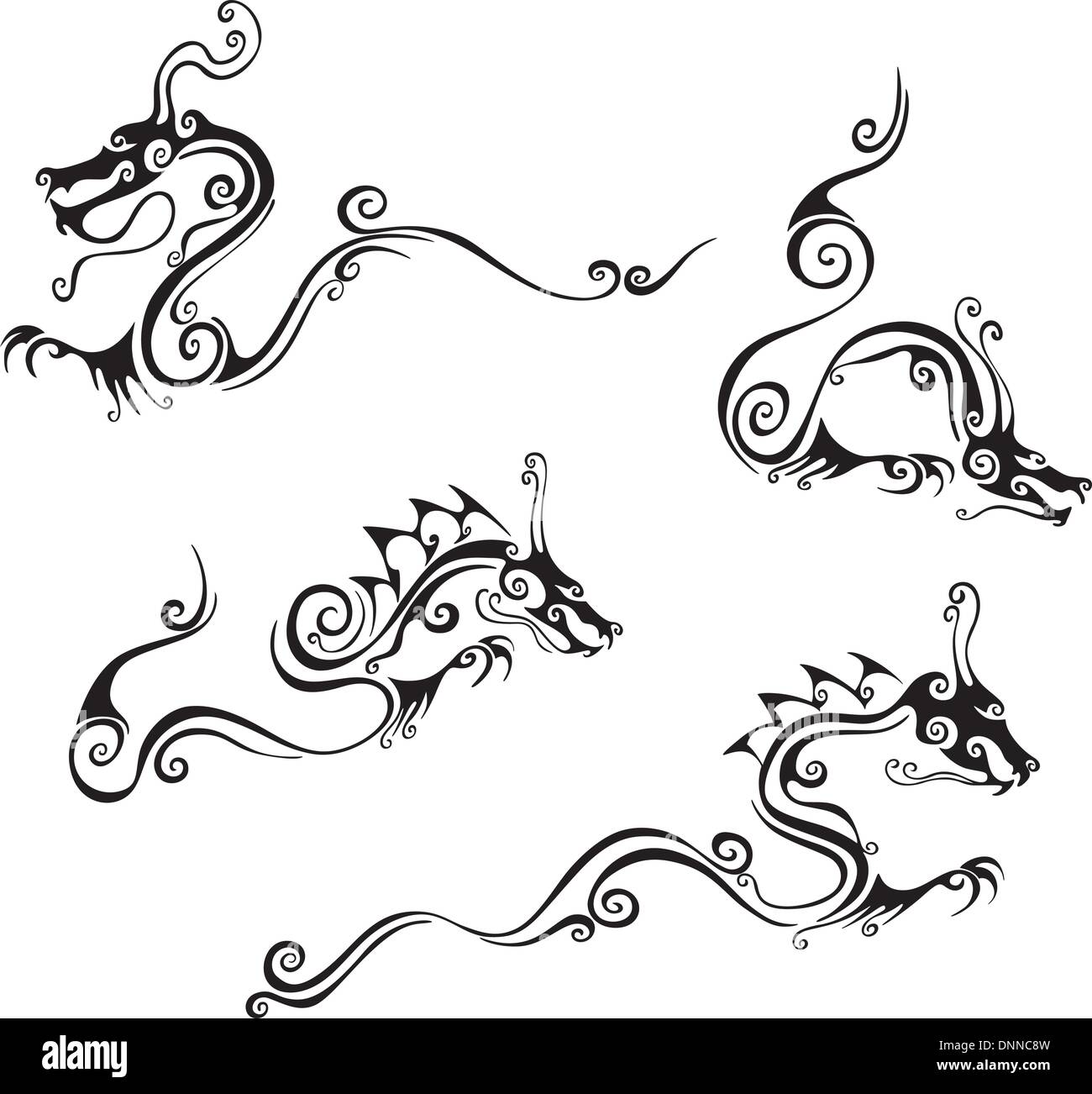 Stylistic dragon tattoos. Set of black and white vector illustrations ...