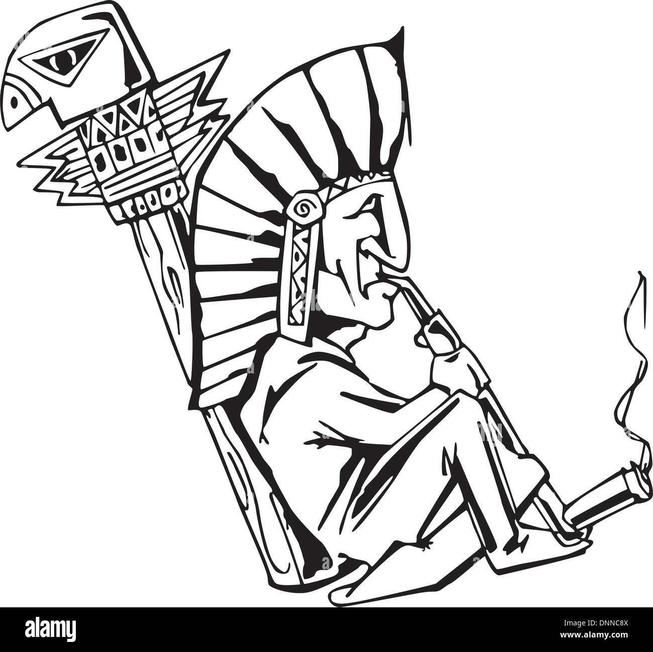 Native shaman smoking tobacco-pipe. Black and white vector illustration ...