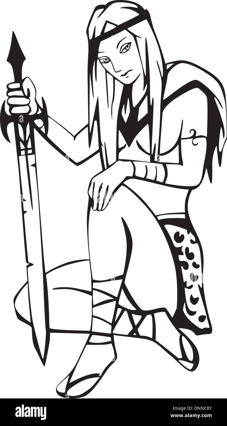Elegant young amazon woman with sword. Black and white vector ...