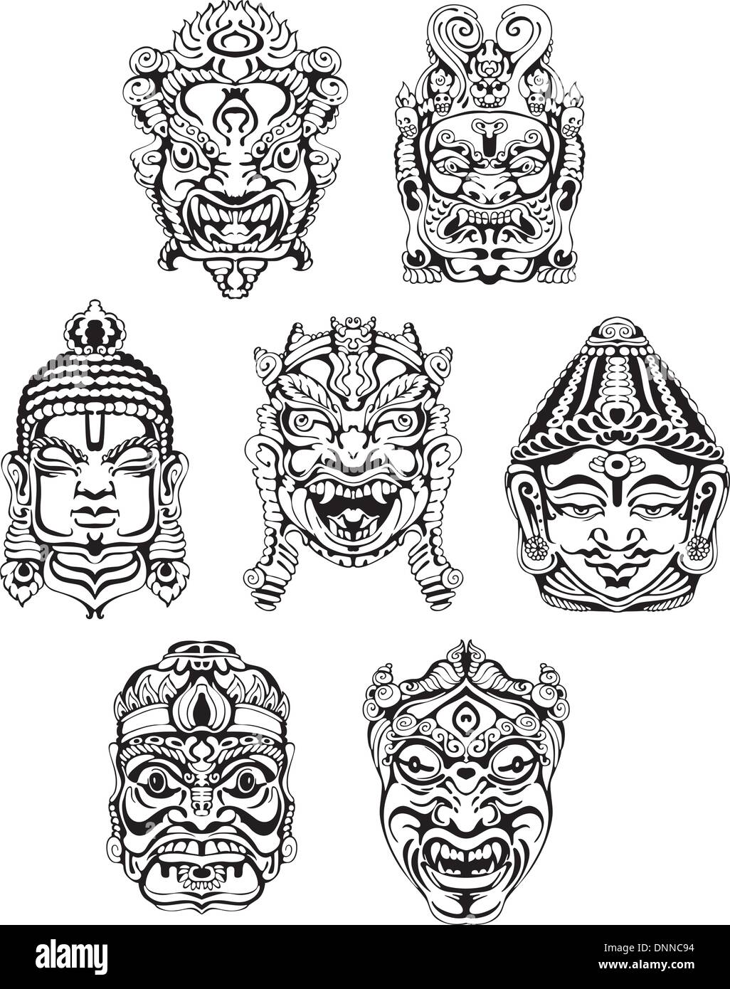 Hindu deity masks. Set of black and white vector illustrations Stock ...