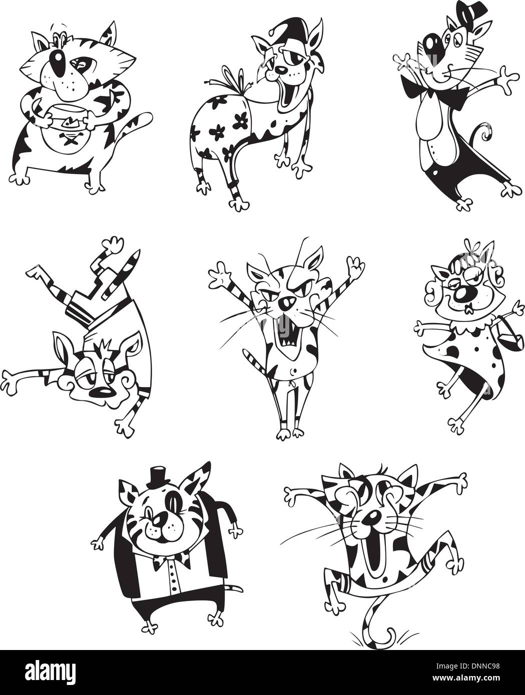 Funky cats. Vector set of black and white cartoons Stock Vector Image ...