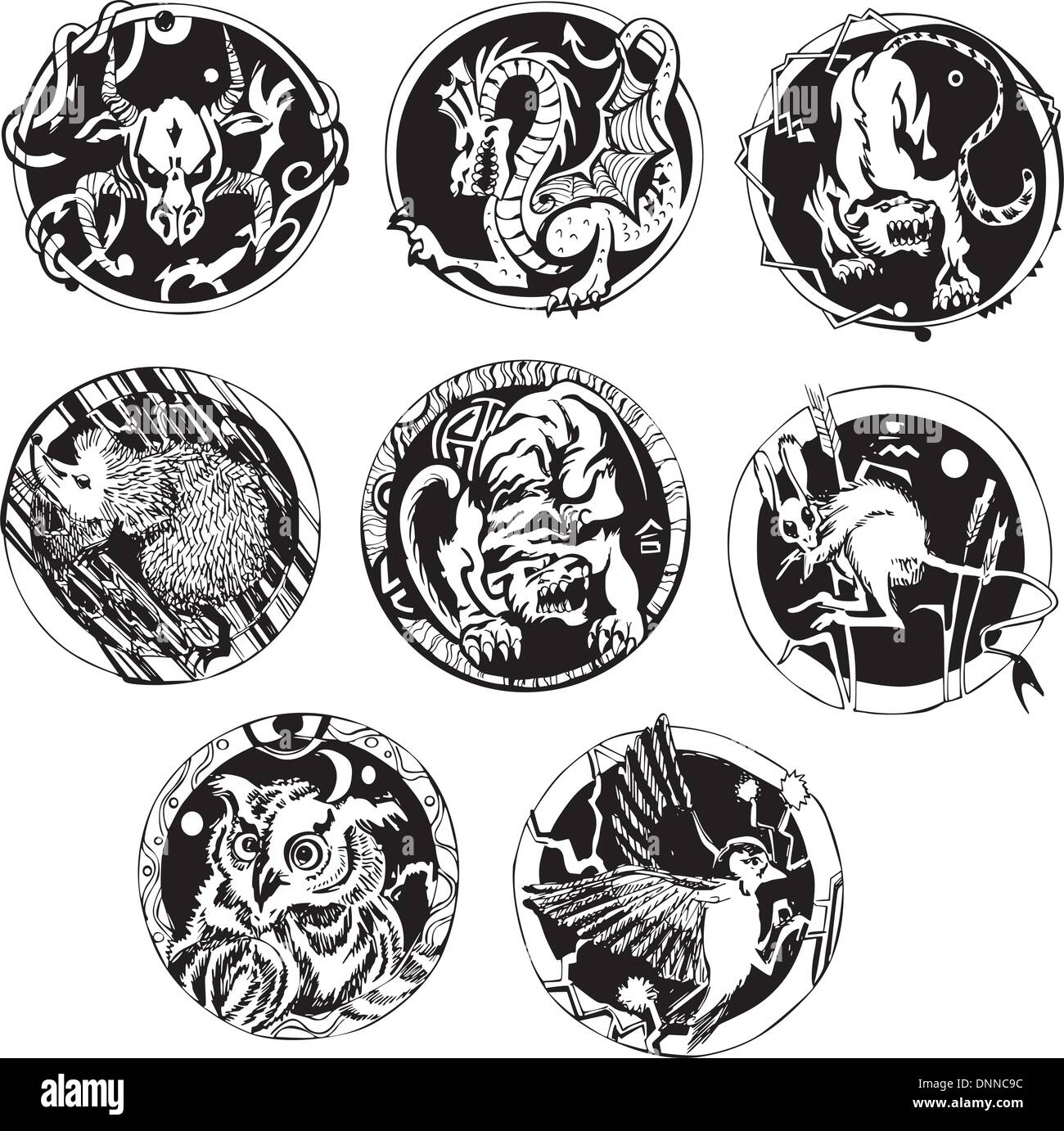 Round tattoos with animals. Set of black and white vector illustrations ...