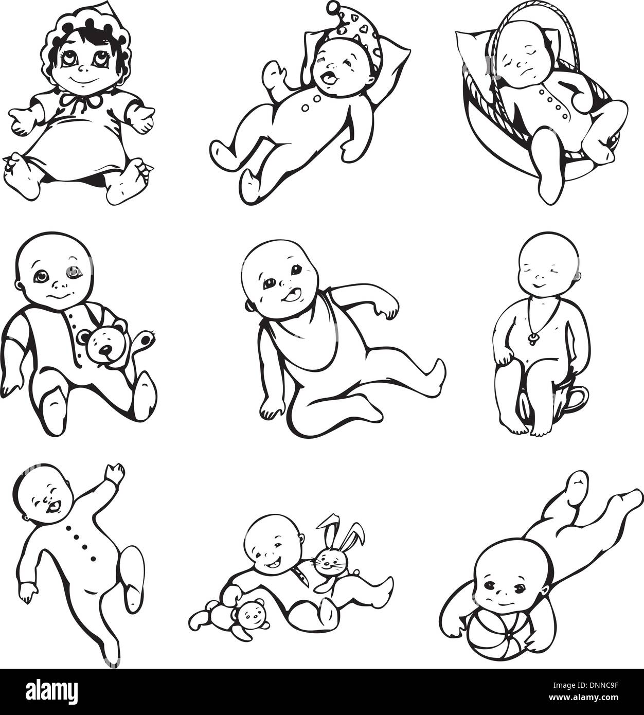 Vector sketches of babies. Set of black and white illustrations Stock ...