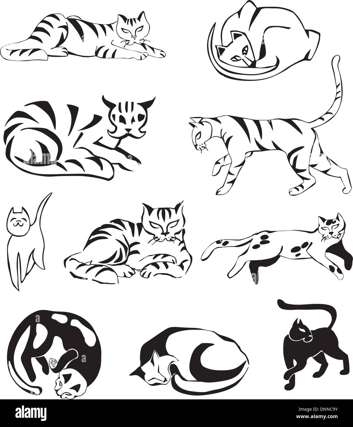 Set of outline cats. Black and white vector illustrations Stock Vector ...