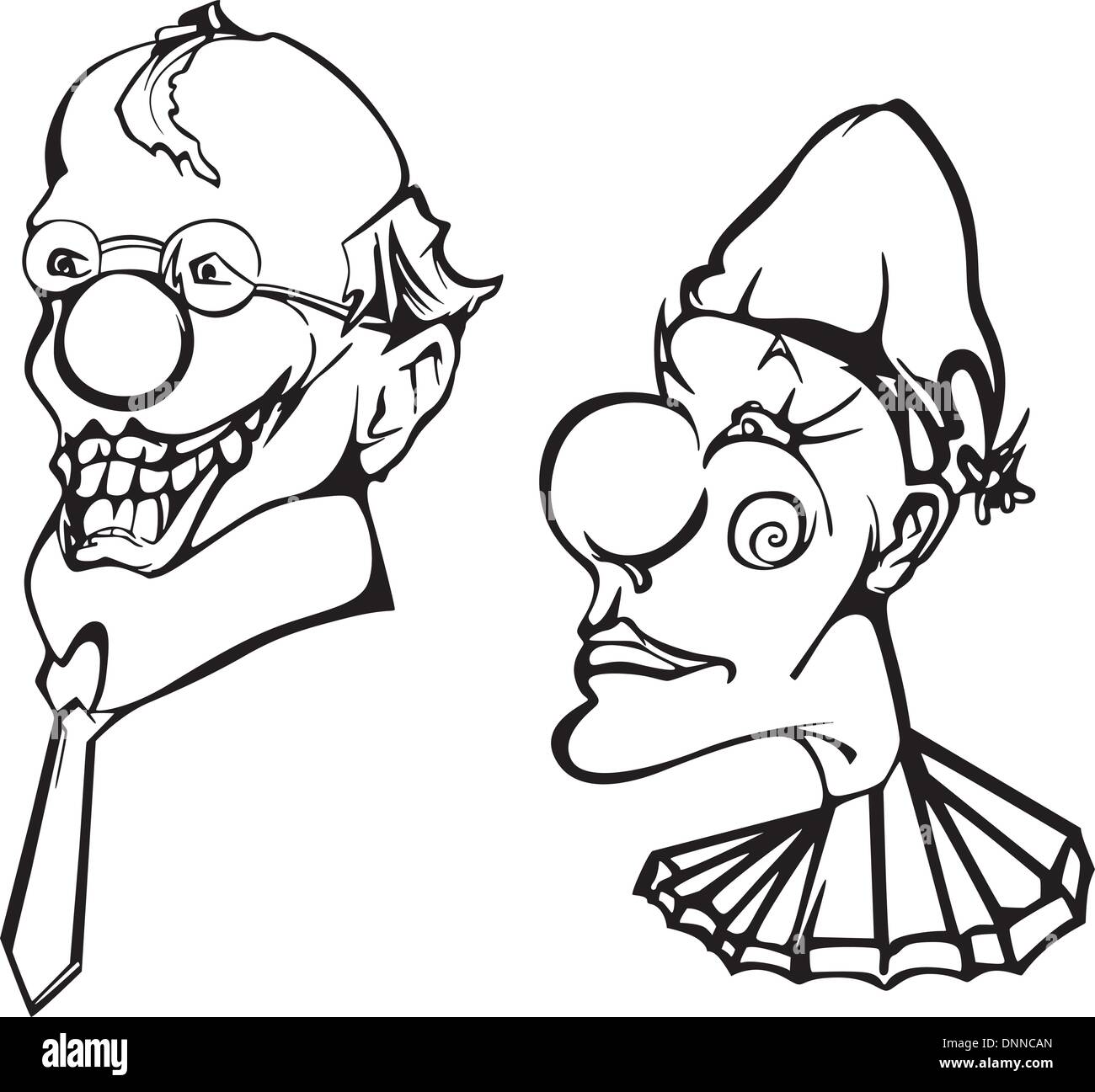 Set of two clown heads. Black and white vector illustrations Stock ...