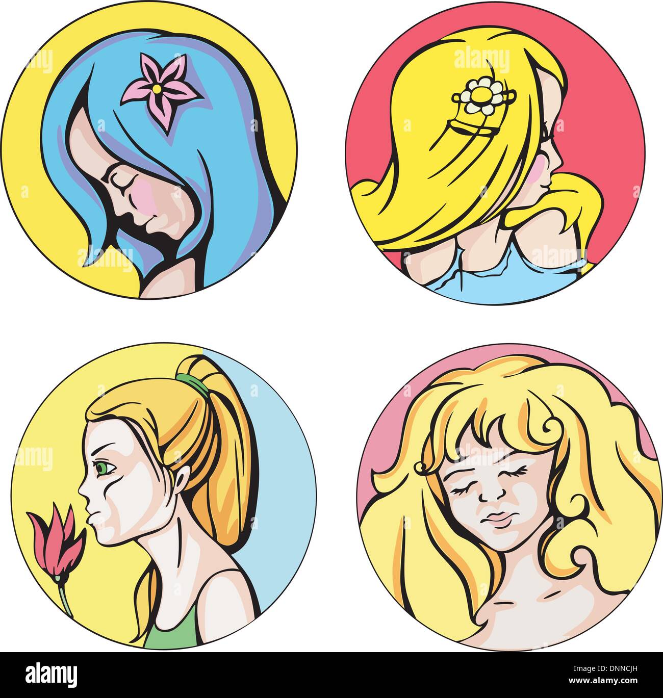 Round portraits of young cute women. Set of colorful vector ...