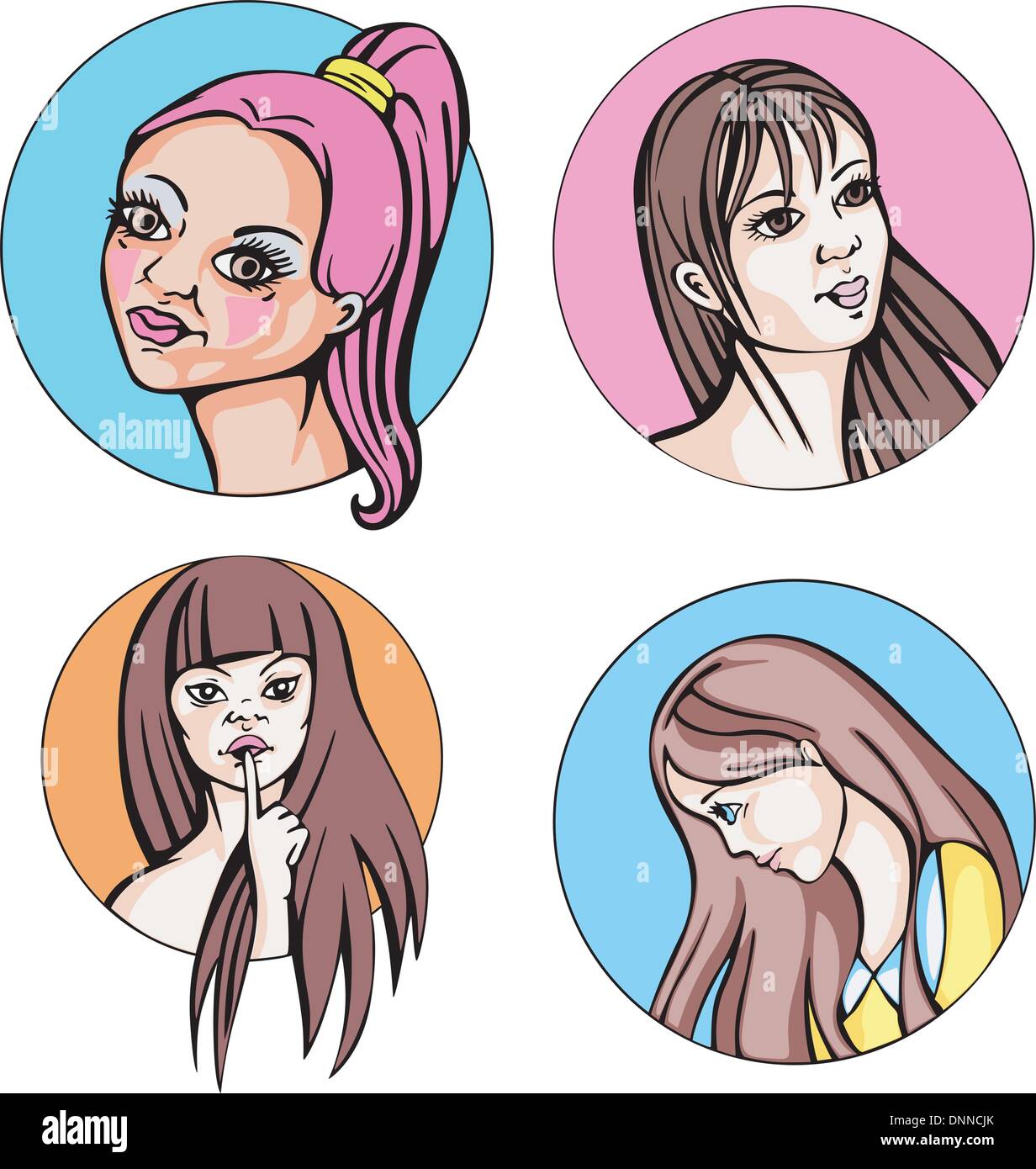 Round portraits of young cute women. Set of colorful vector ...