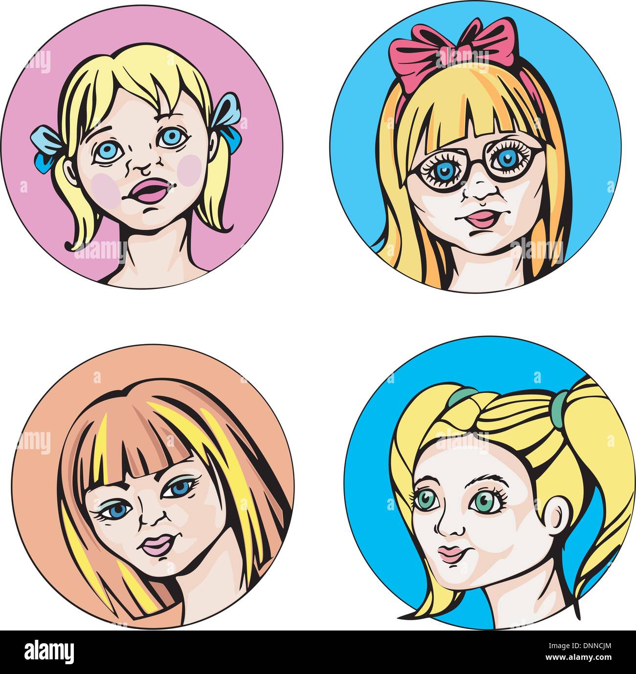 Round portraits of young cute girls. Set of colorful vector ...