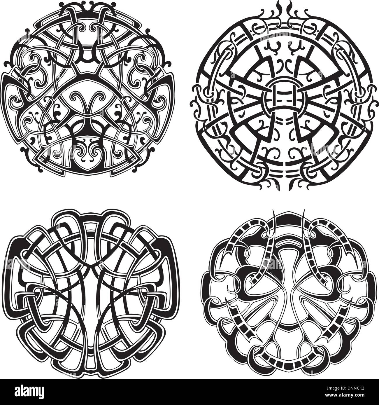 Symmetrical knot patterns. Set of black and white vector illustrations ...