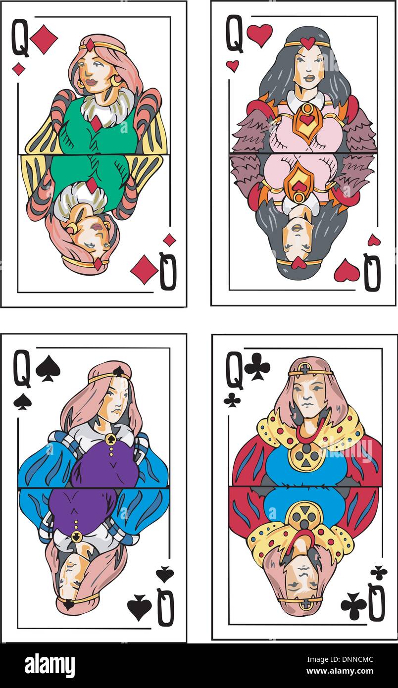 Playing cards. Queens. Set of color vector illustrations Stock Vector ...