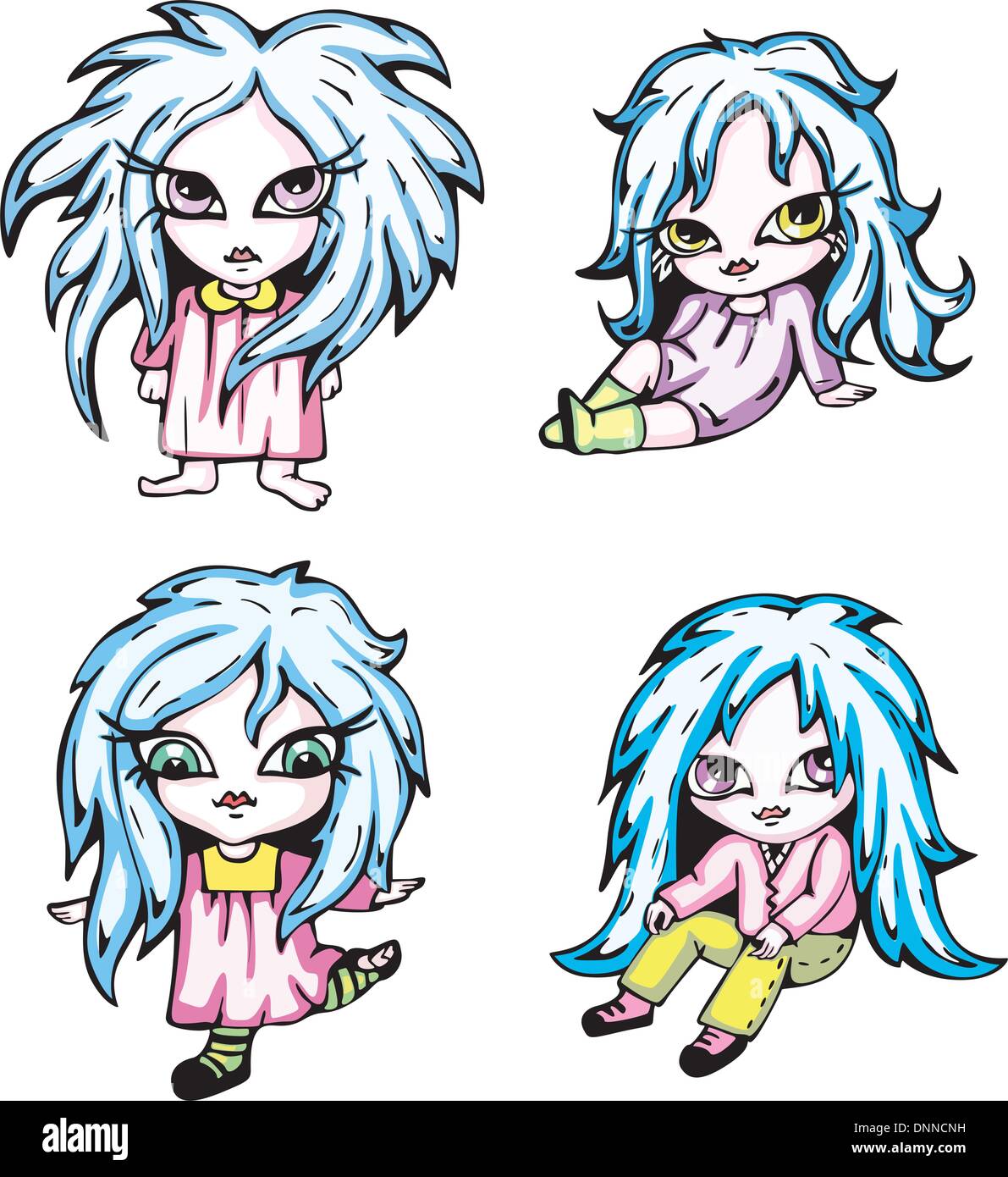 Anime girls. Set of color vector illustrations in style of Japanese ...