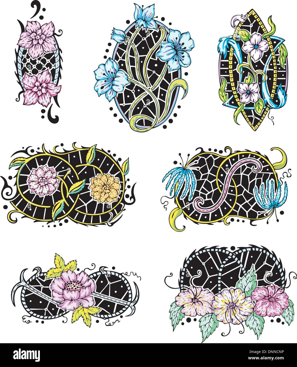 Set of flower ornamental decorations. Colorful ornate vector ...