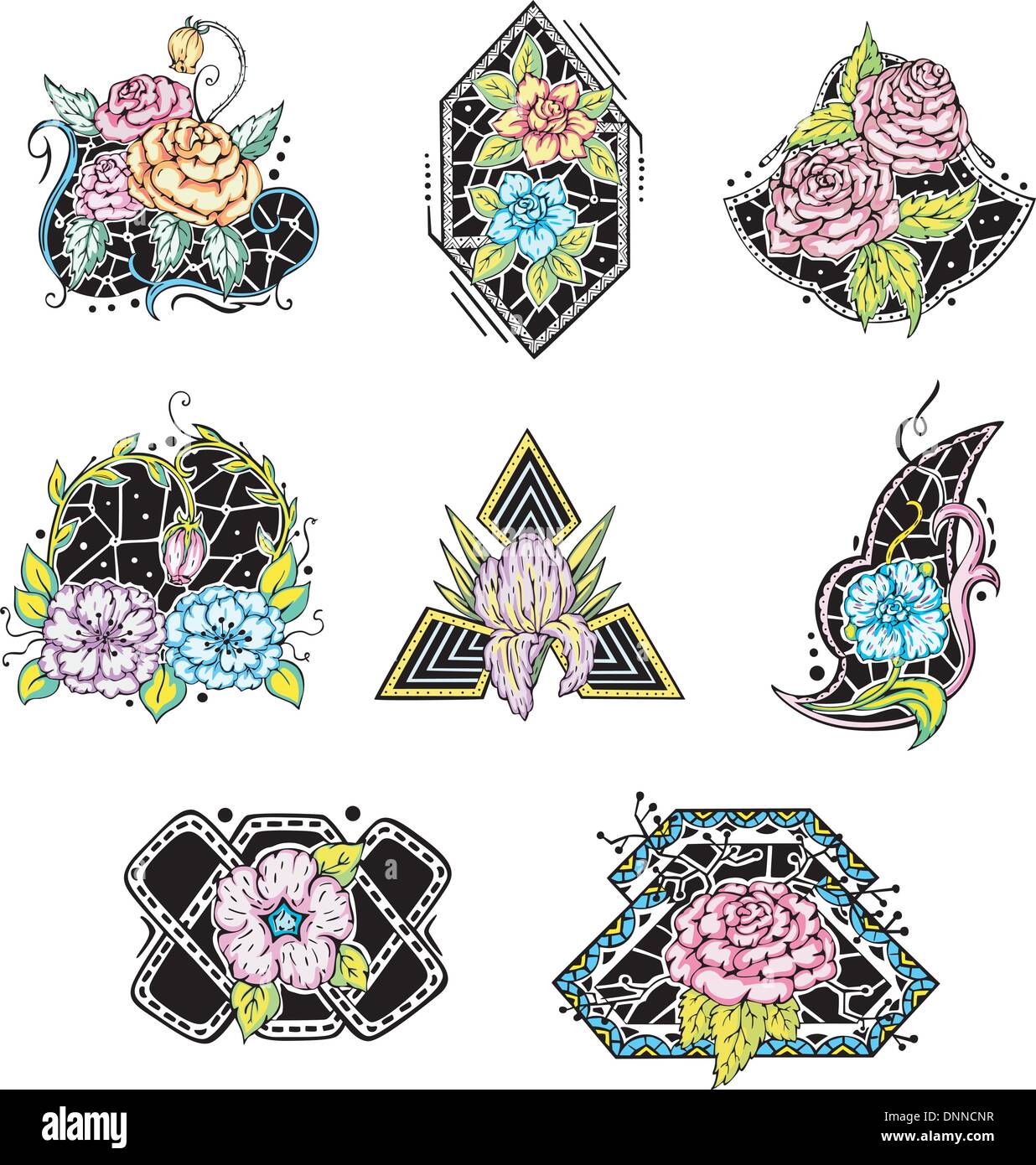 Set of flower ornamental decorations. Colorful ornate vector ...