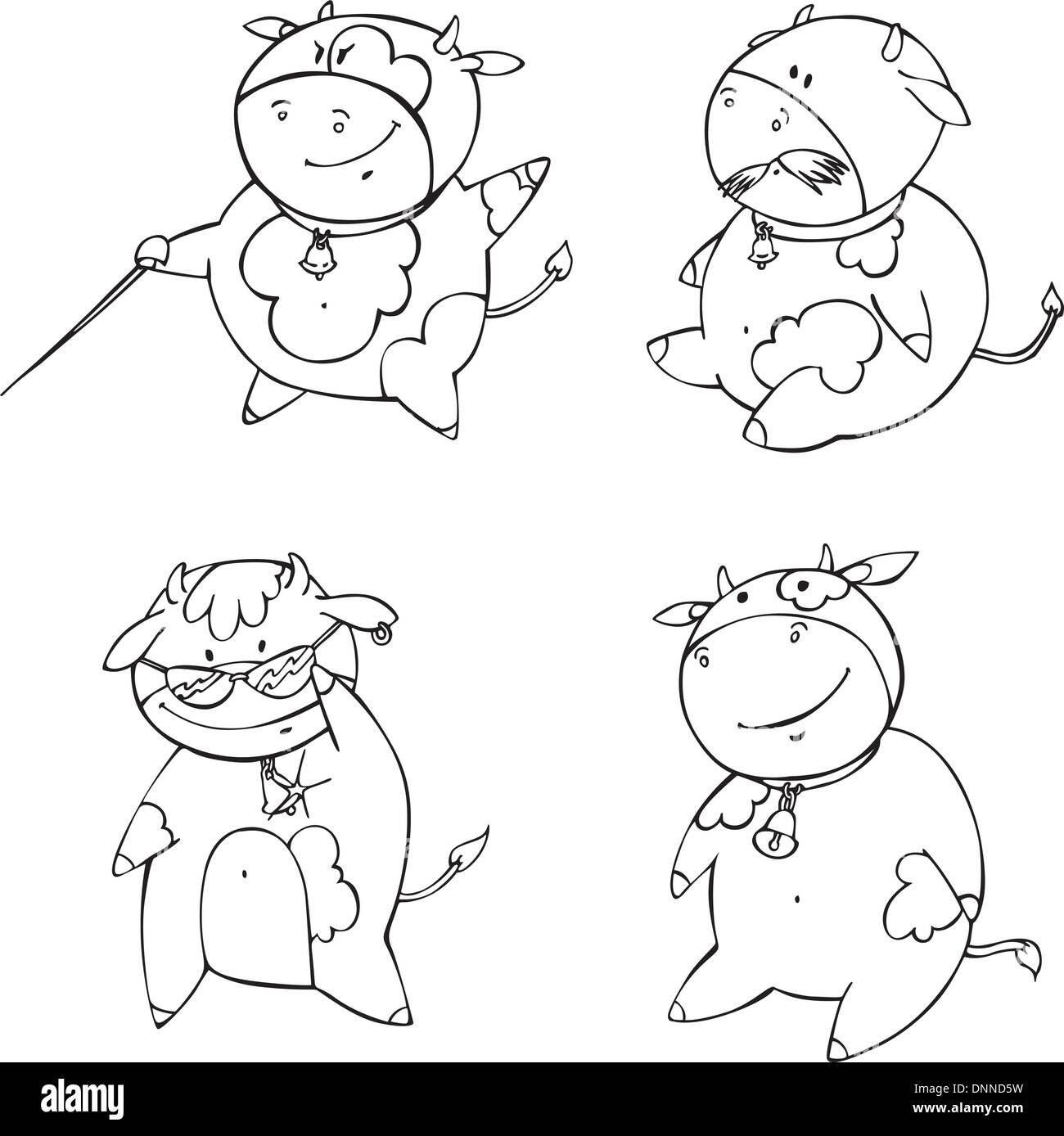 Funny calf cartoons. Set of black and white outline vector ...