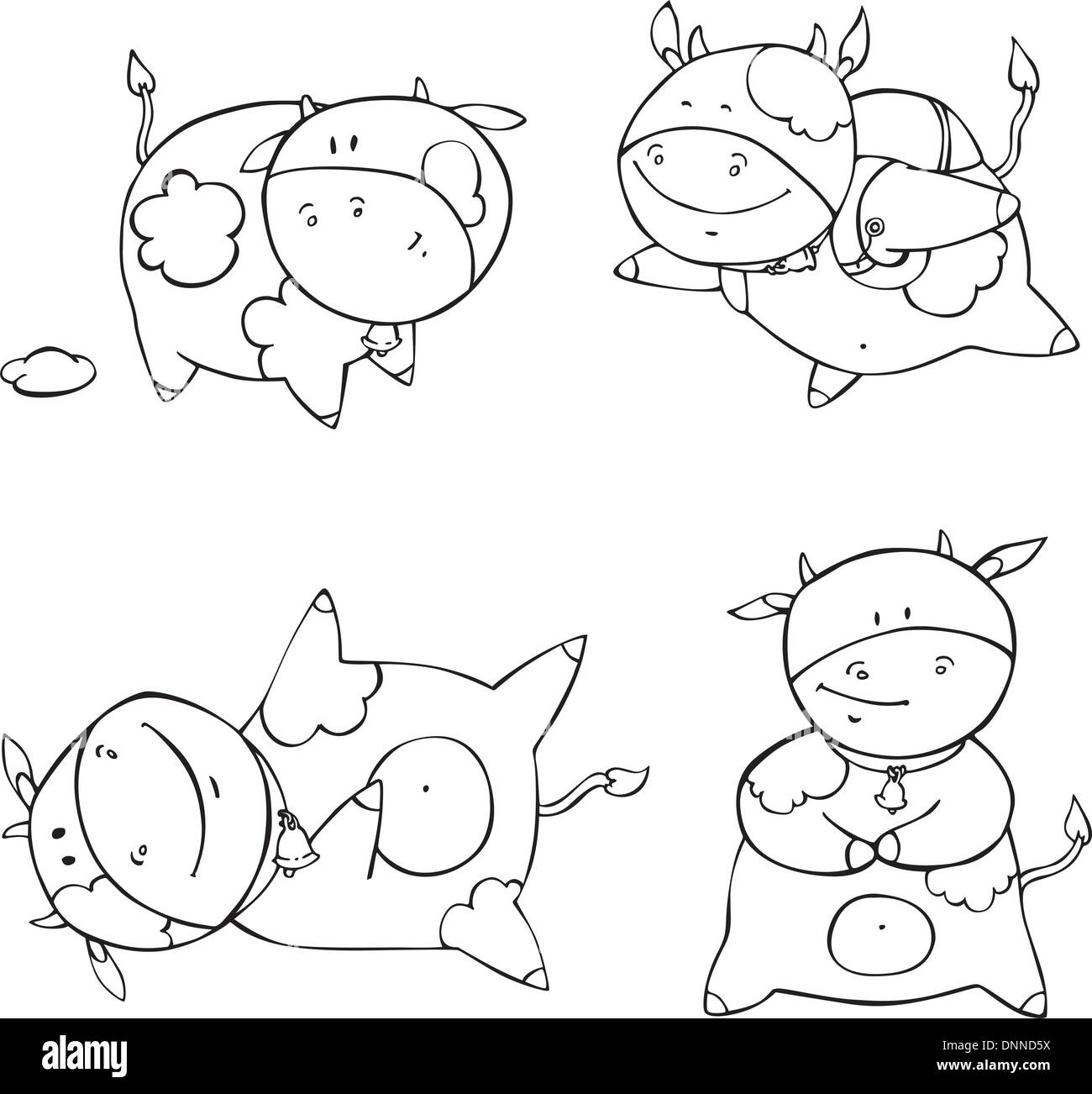 Funny calf cartoons. Set of black and white outline vector ...