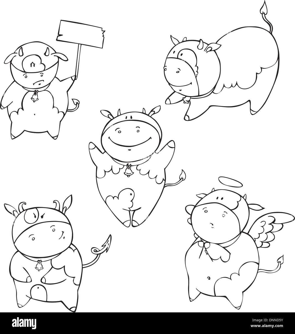 Funny calf cartoons. Set of black and white outline vector ...