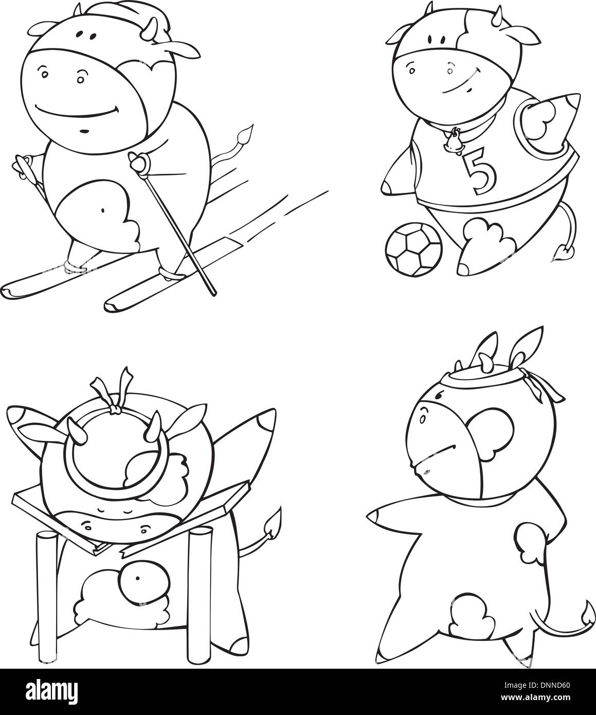 Funny calf cartoons. Set of black and white outline vector ...