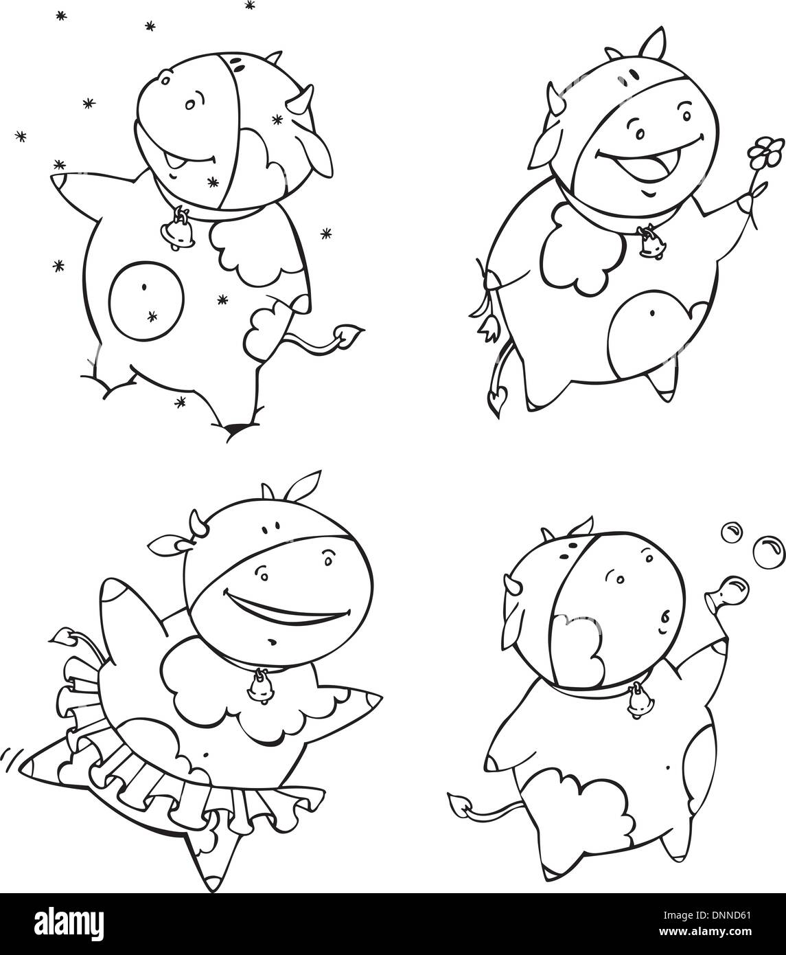Funny calf cartoons. Set of black and white outline vector ...