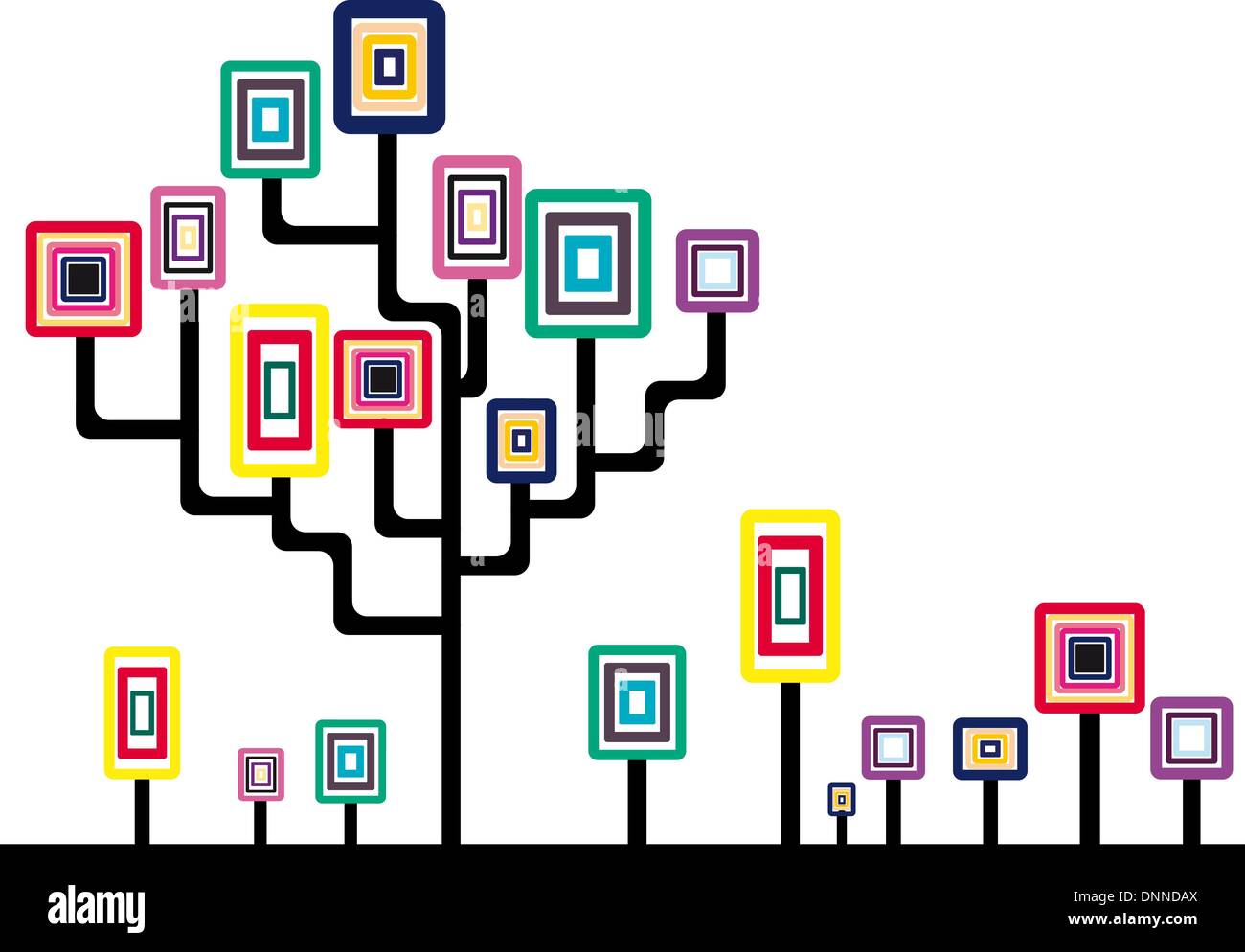 Abstract tree and plants with rounded square leaves. Vector ...