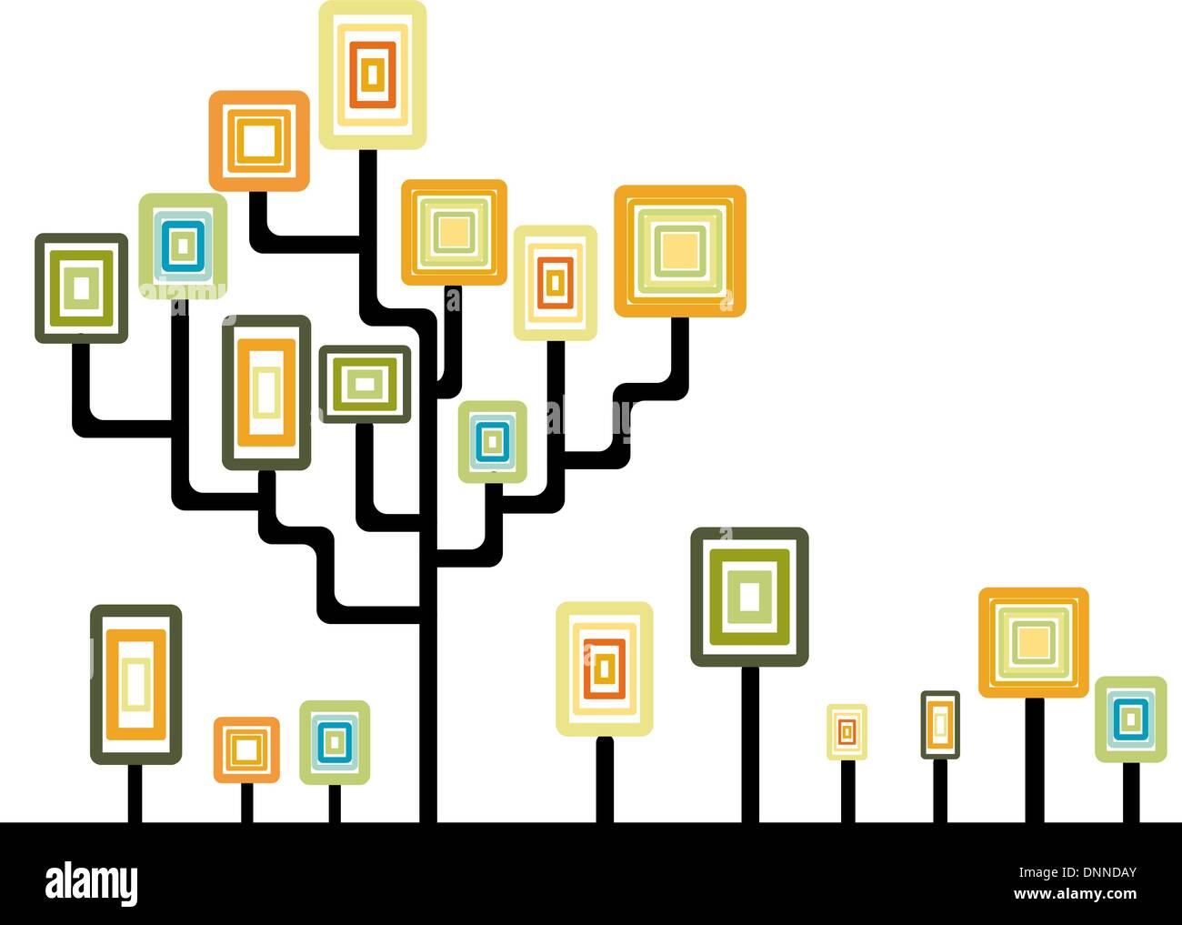 Abstract tree and plants with rounded square leaves. Vector ...